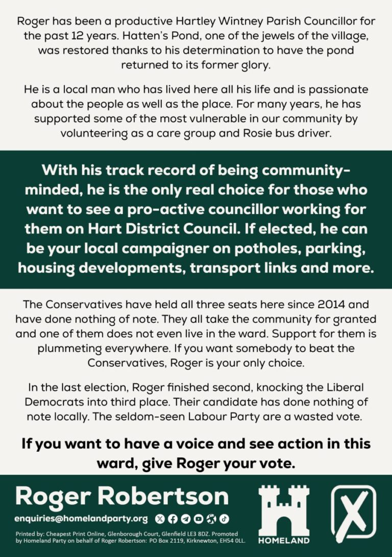 Roger Robertson Campaign Leaflet - Homeland Party